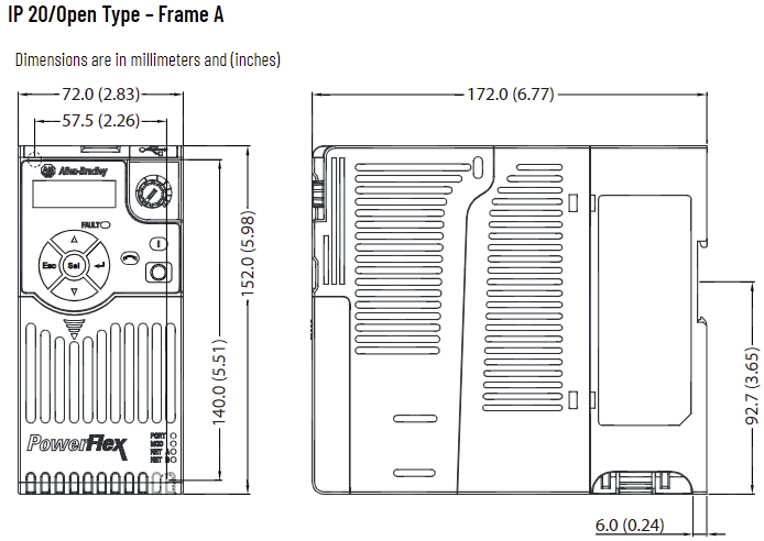 What are the dimensions of a PowerFlex 520 Series Drive?