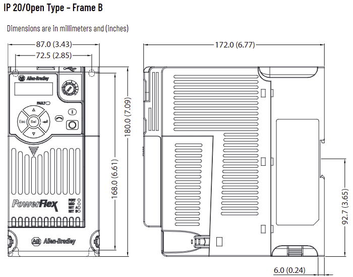 What are the dimensions of a PowerFlex 520 Series Drive?