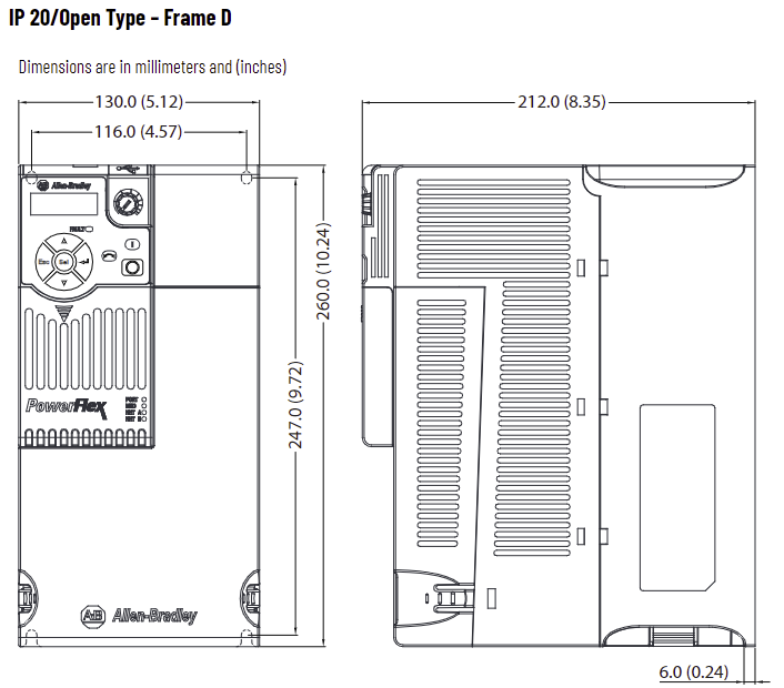 What are the dimensions of a PowerFlex 520 Series Drive?
