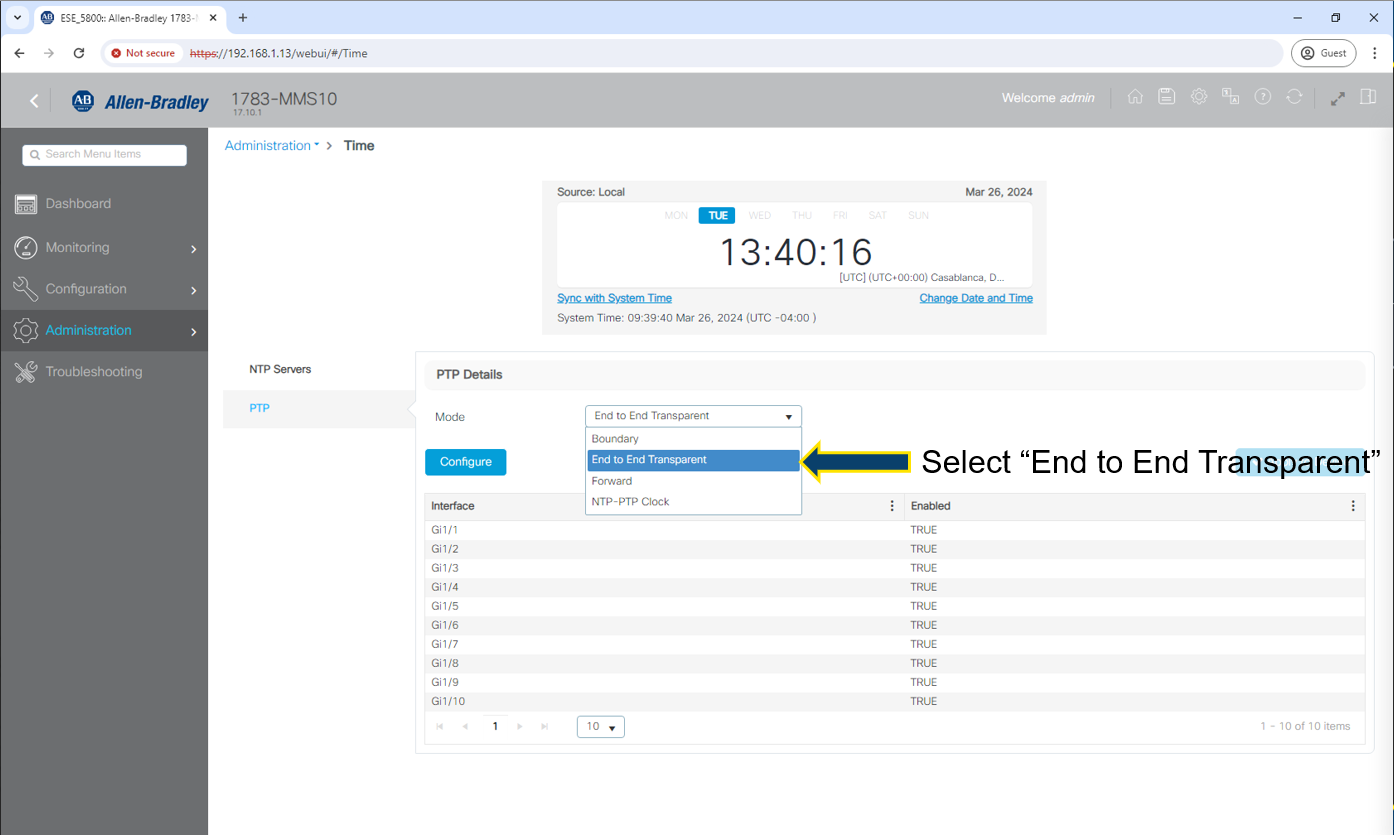 Stratix 5800 - Configuration of End to End Transparent per port.